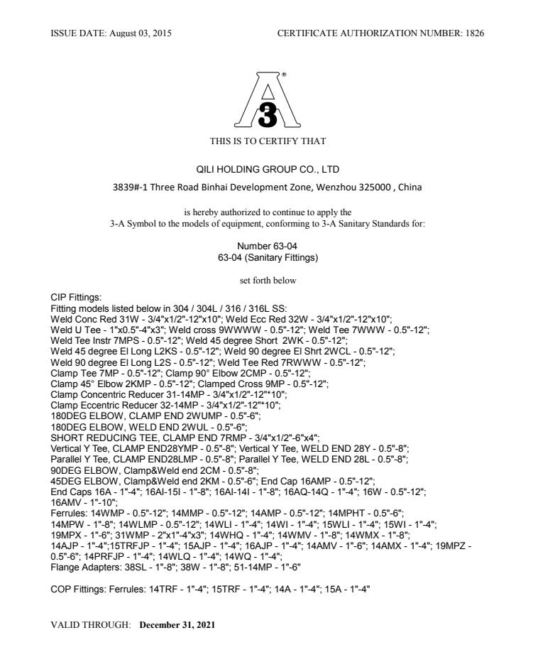 Certificate - China QILI Holding Group